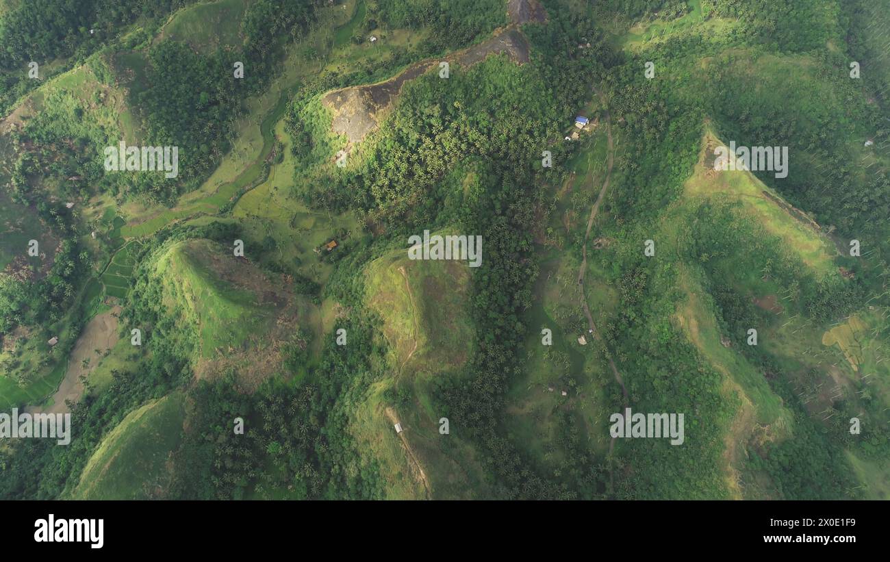 Top down Asia green hill aerial view: nobody nature landscape in rural ...