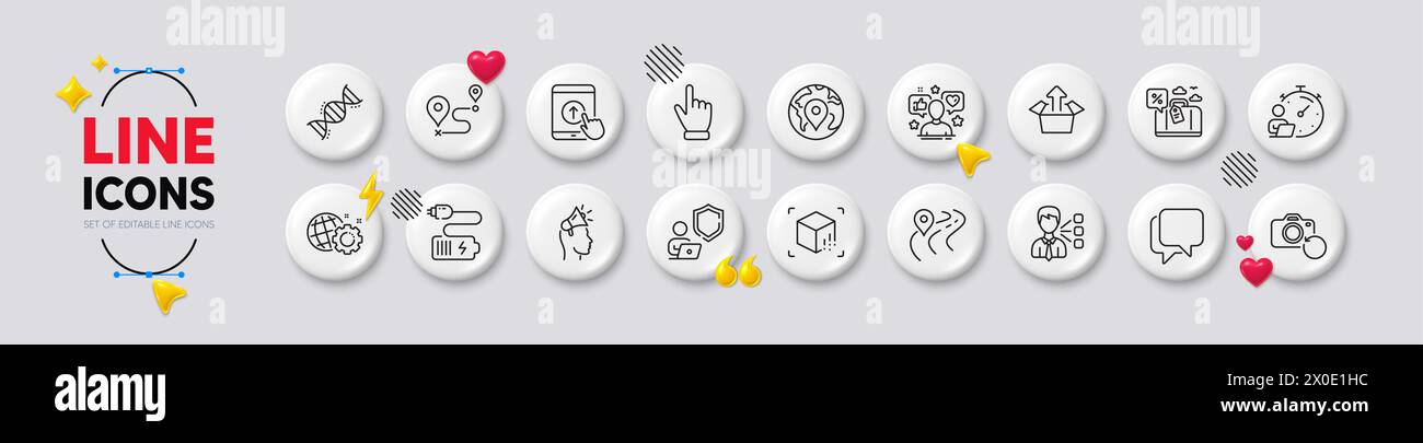 Talk bubble, Third party and Swipe up line icons. For web app, printing. White buttons 3d icons ...