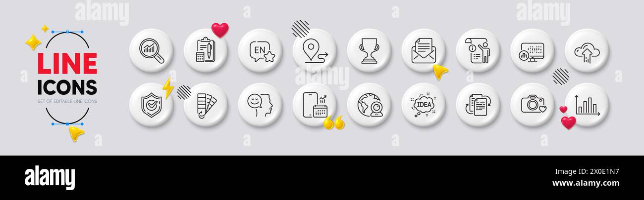 Journey, Photo camera and Accounting line icons. For web app, printing. White buttons 3d icons ...