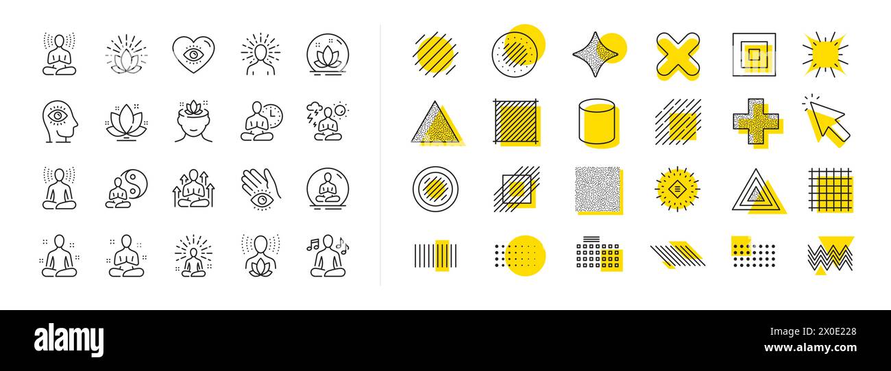 Yoga meditation line icons. Body balance, person relax and energy ...