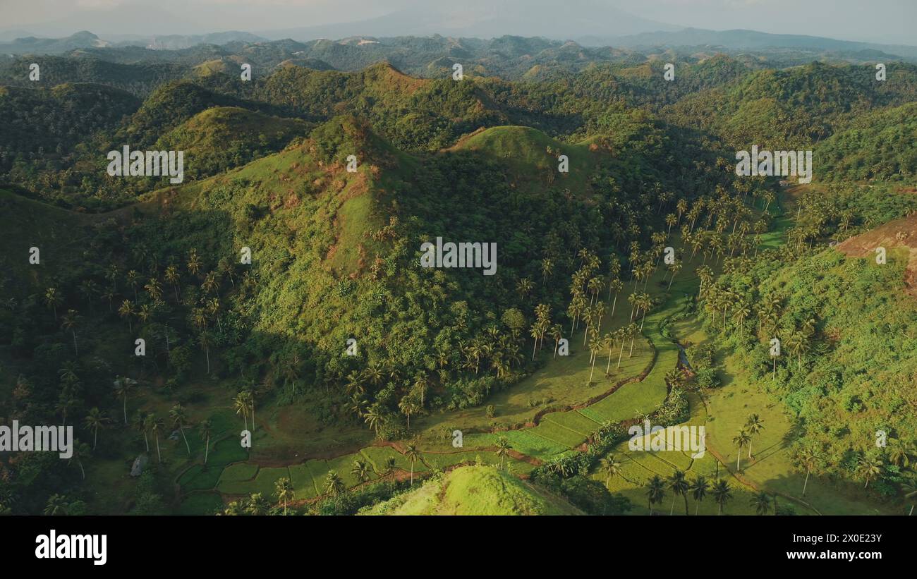 Aerial Quitinday Green Hills at tropical Asia forest with burnt grass ...