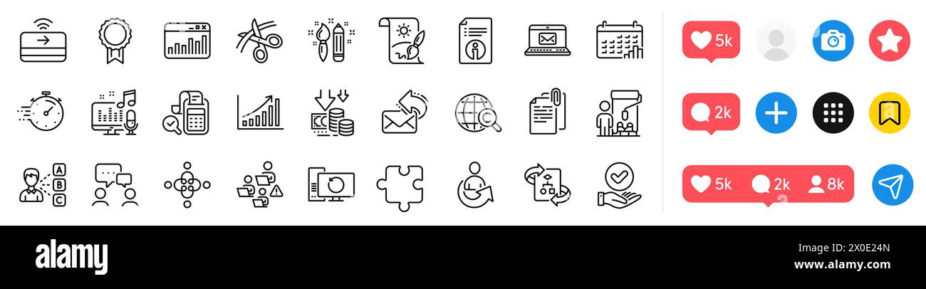 Recovery computer, E-mail and Approved checkbox line icons pack. For web app. Social media icons ...