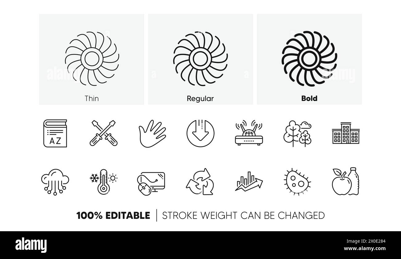 Company building, Fan engine and Profits chart line icons. Jet turbine, Wind energy. Linear icon ...
