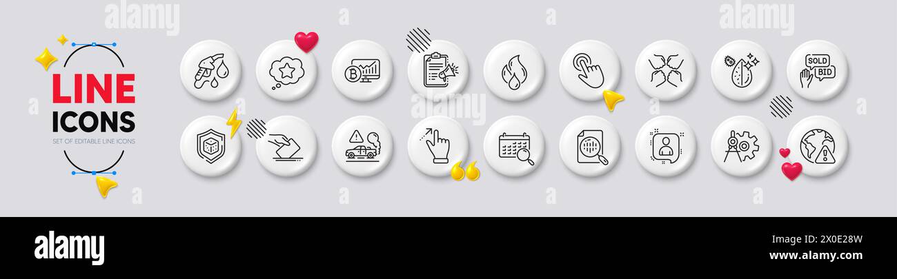 Squad, Dice and Internet warning line icons. For web app, printing. White buttons 3d icons ...