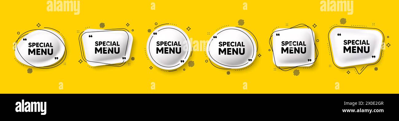 Special menu tag. Kitchen food offer. Speech bubble 3d icons set ...