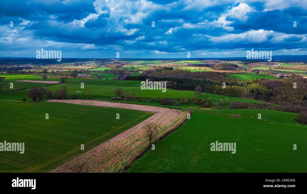 Vibrant aerial view of a lush countryside with patchwork fields under a ...