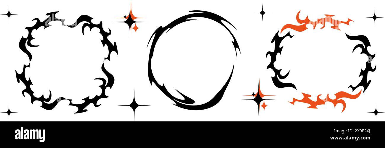 Gothic tribal frame set, Acid round fantasy border, Y2k dark element ...