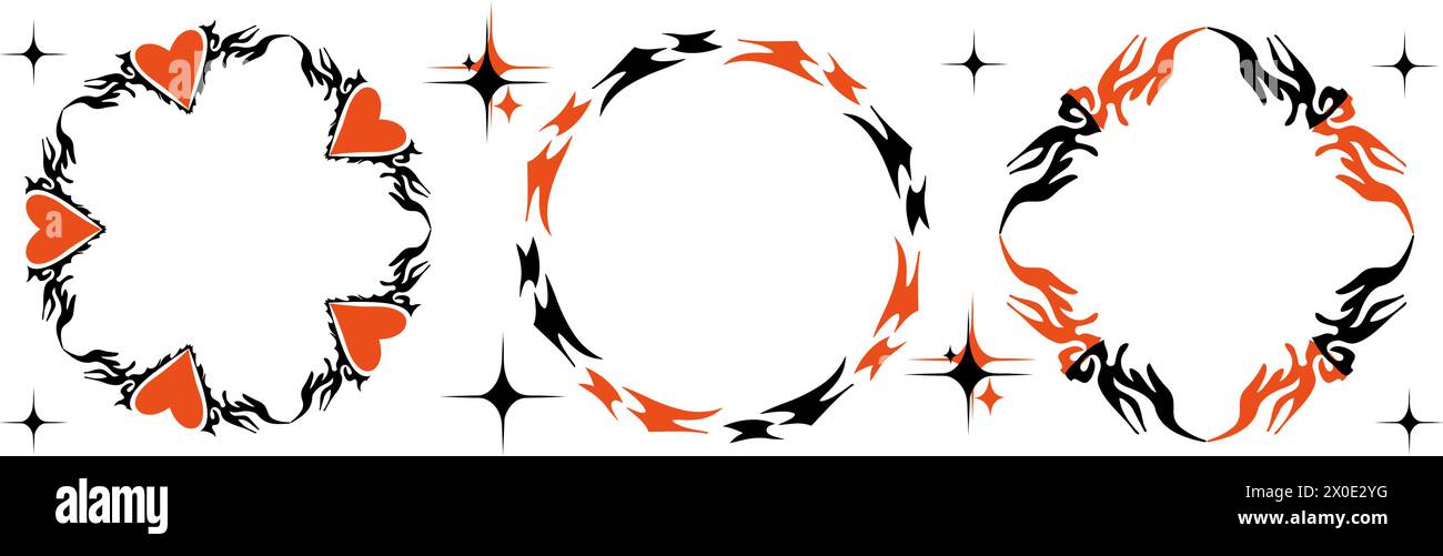 Gothic tribal frame set, Acid round fantasy border, Y2k dark element ...