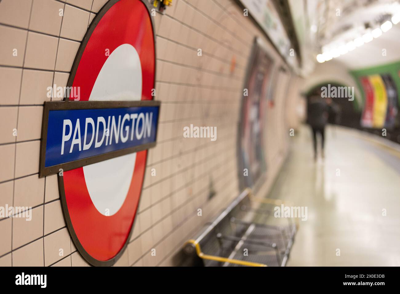 Paddington London Underground station sign. London, UK. Subway platform ...