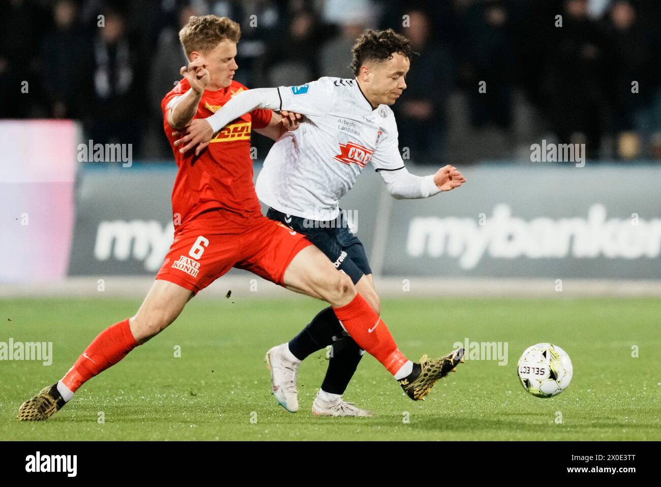 Jeppe Tverskov, FC Nordsjaelland and Mikael Andersson, AGF (R) vies for the ball in Cup semi ...
