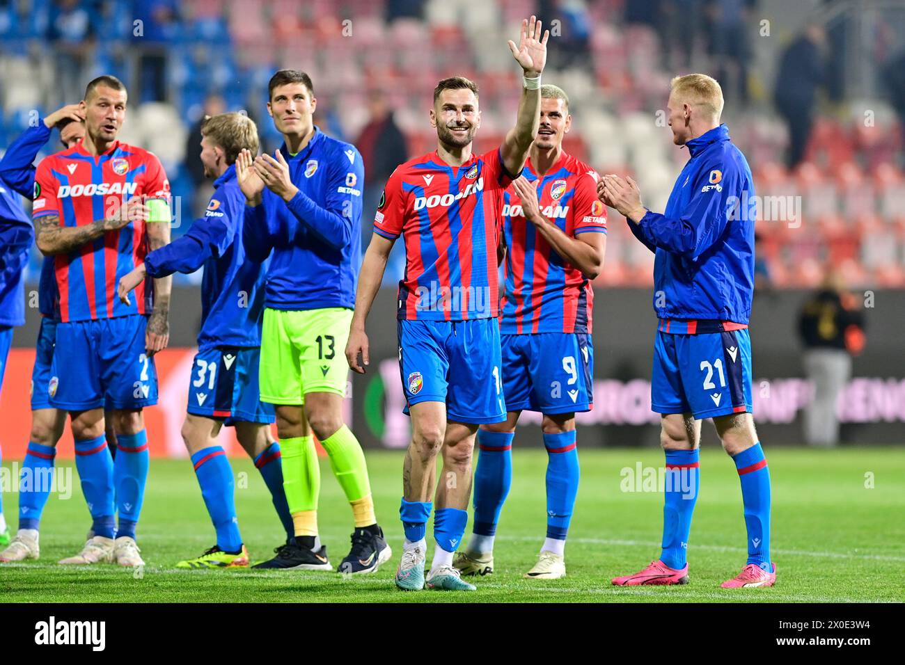 Pilsen, Czech Republic. 11th Apr, 2024. Centre Radim Reznik greets fans ...