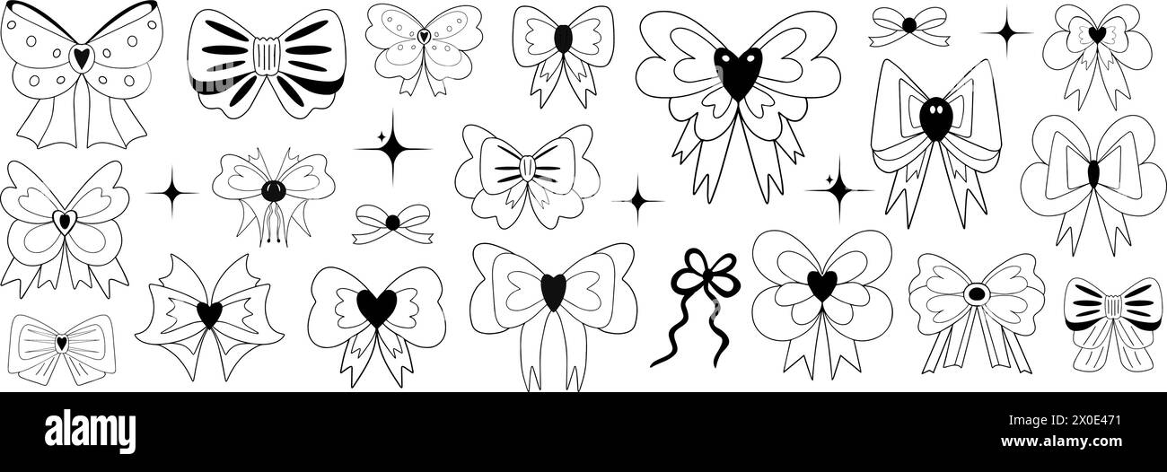 Bows set. Hand drawn y2k style bow with heart. Collection of emo gothic ...