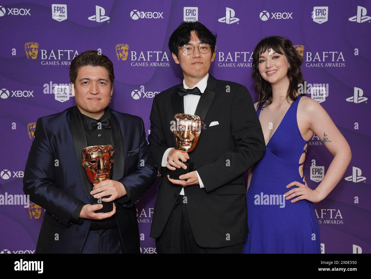 (left to right) Yun M. Watanabe, Koichi Hatakeyama with their Animation Award for 'Hi-Fi Rush ...