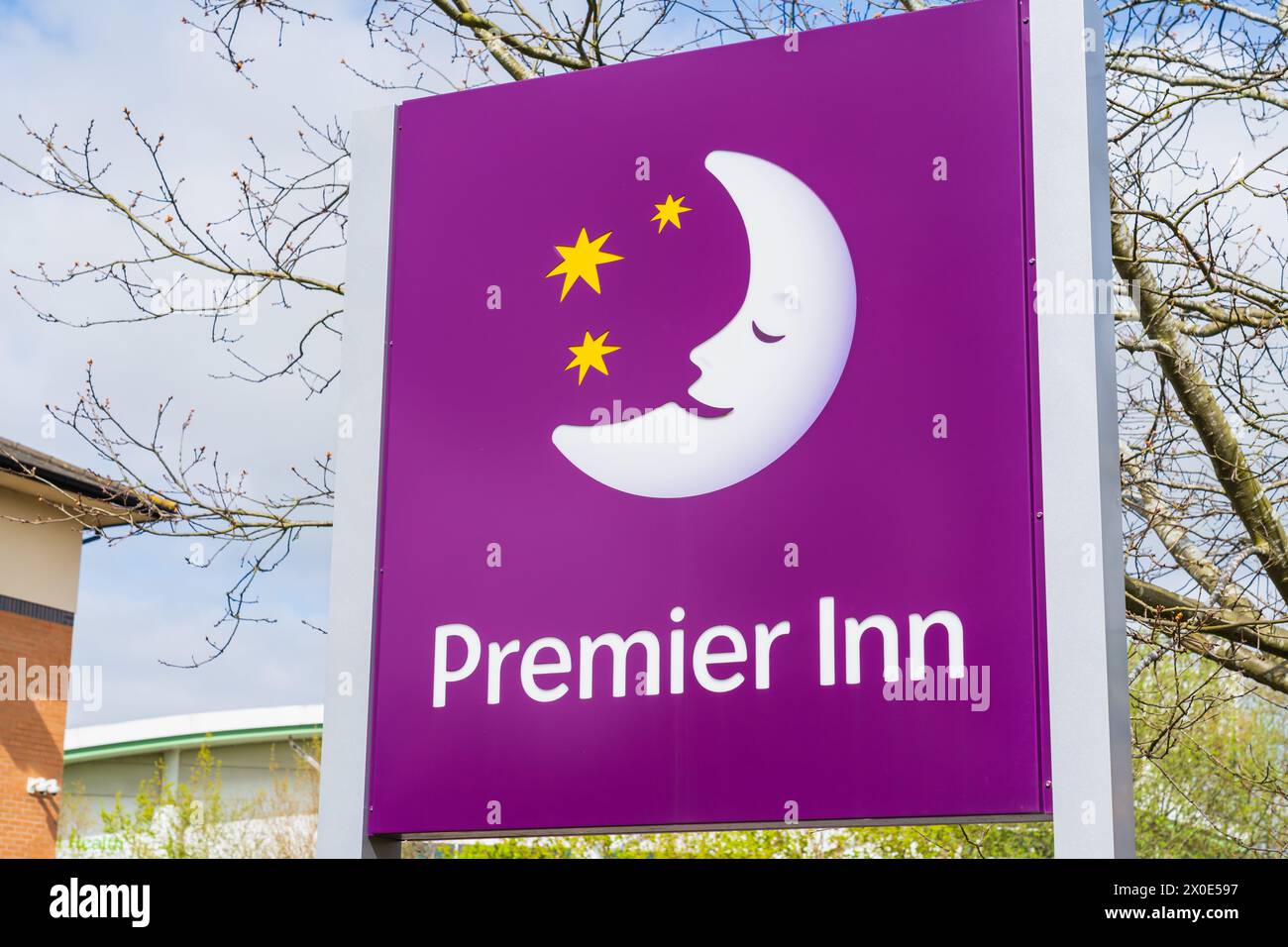 Wolverhampton, UK – April 11 2024: External signage of a Premier Inn hotel, a UK based hotel ...