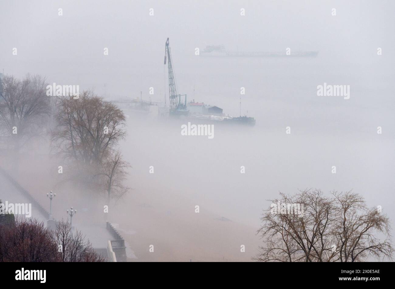 Nature Morning fog at the river port on the Volga River Samara Samara ...