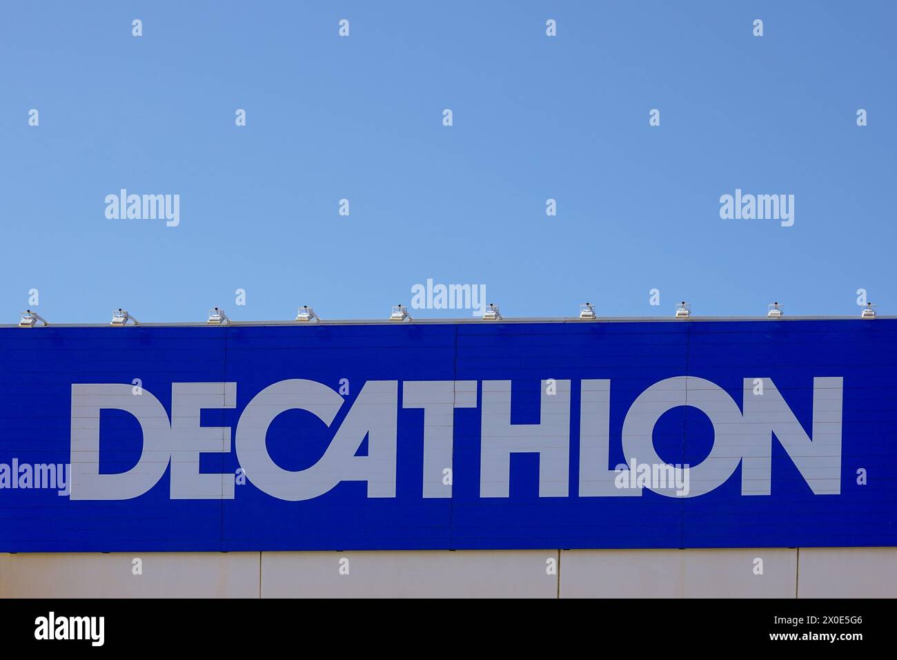 Decathlon logo sign on Decathlon store wall. Decathlon is popular ...