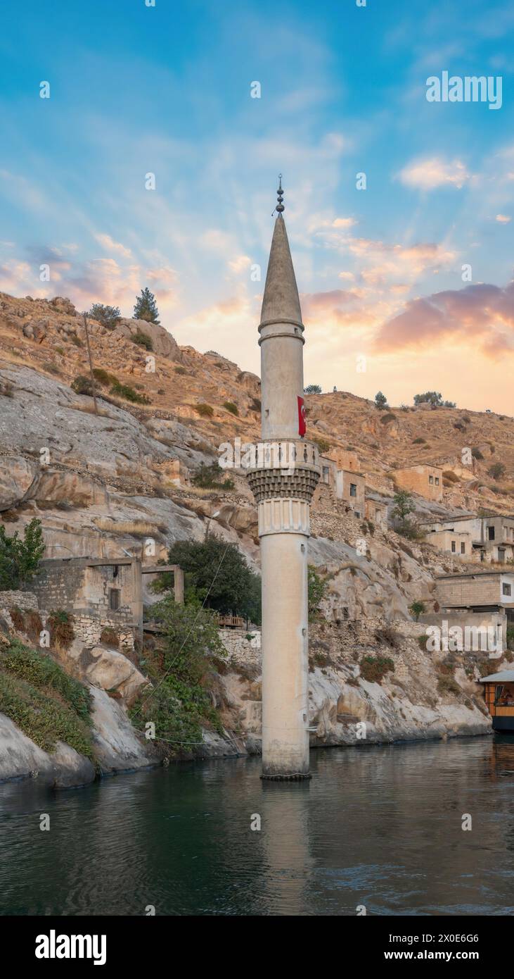 Halfeti, Turkey - 18 July 2023: Halfeti village with sunken mosque and ...