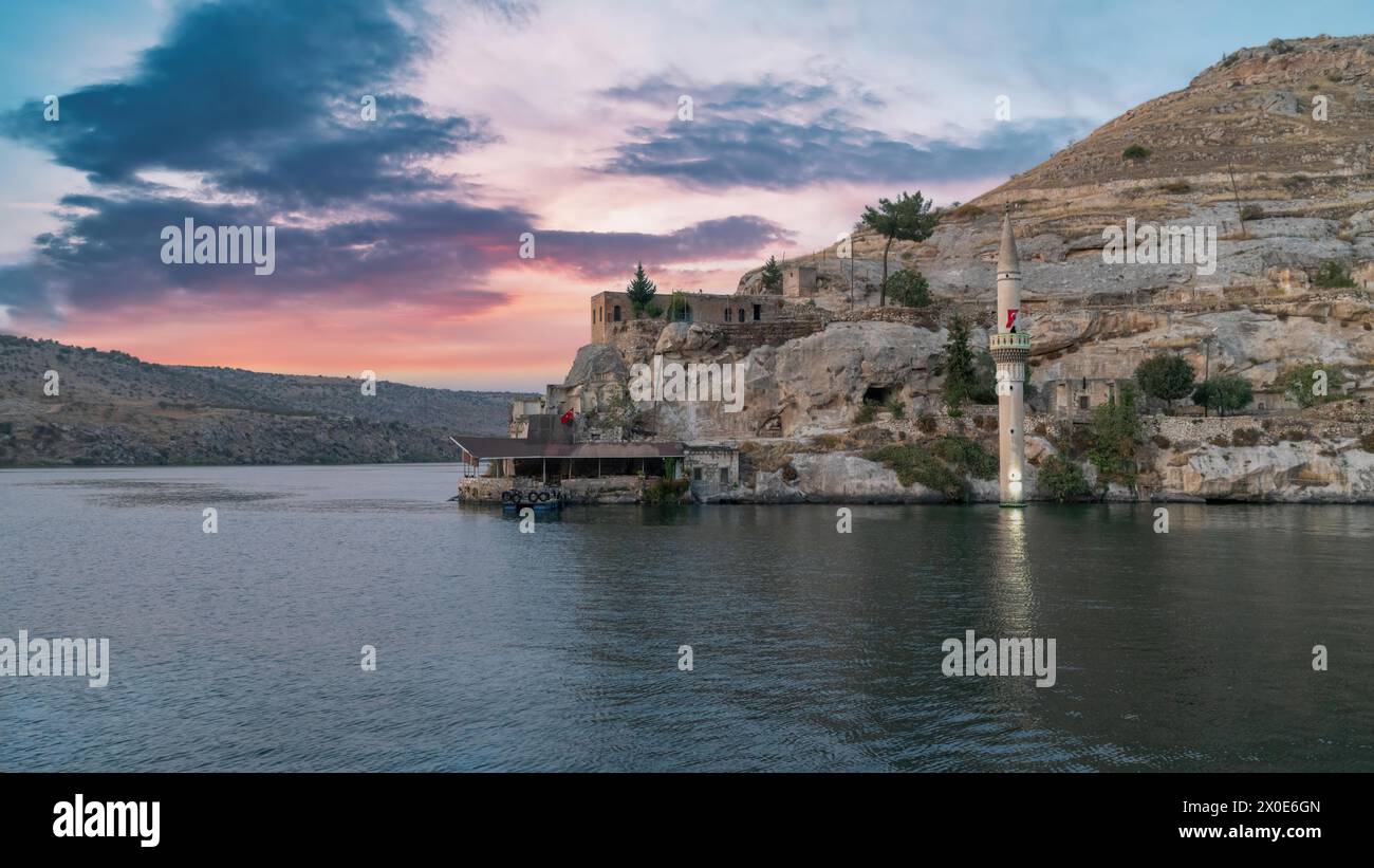 Halfeti, Turkey - 18 July 2023: Halfeti village with sunken mosque and ...