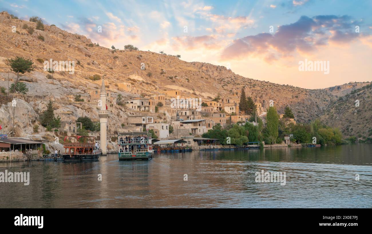 Halfeti, Turkey - 18 July 2023: Halfeti village with sunken mosque and ...