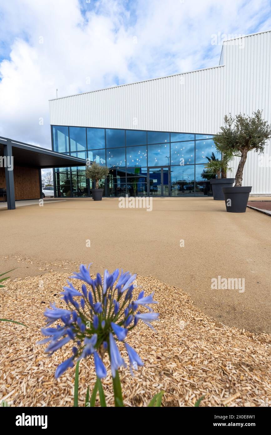 The construction of a modern sports complex with a huge glass roof and ...