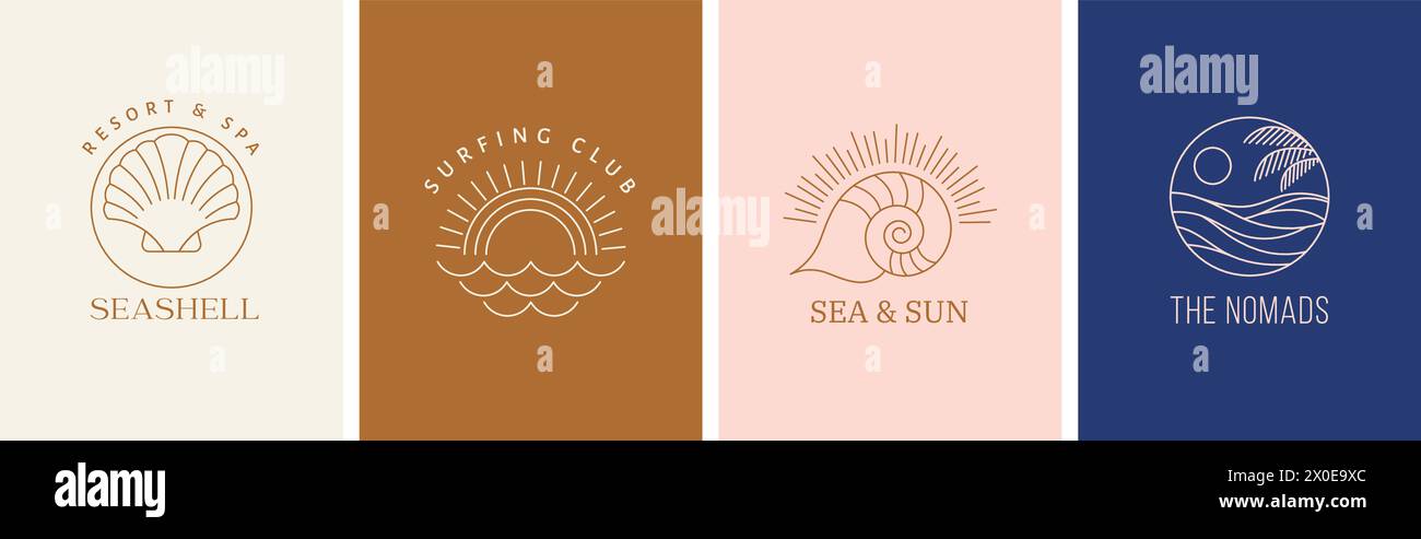 Bohemian linear logos, icons and symbols, sea, ocean, beach and surfing ...