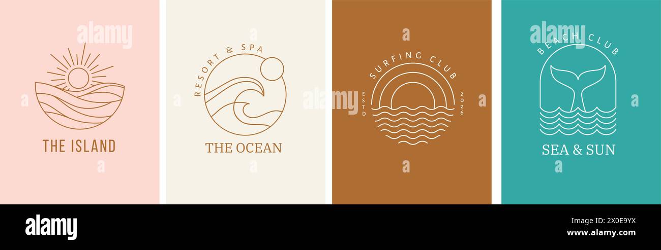Bohemian linear logos, icons and symbols, sea, ocean, beach and surfing ...