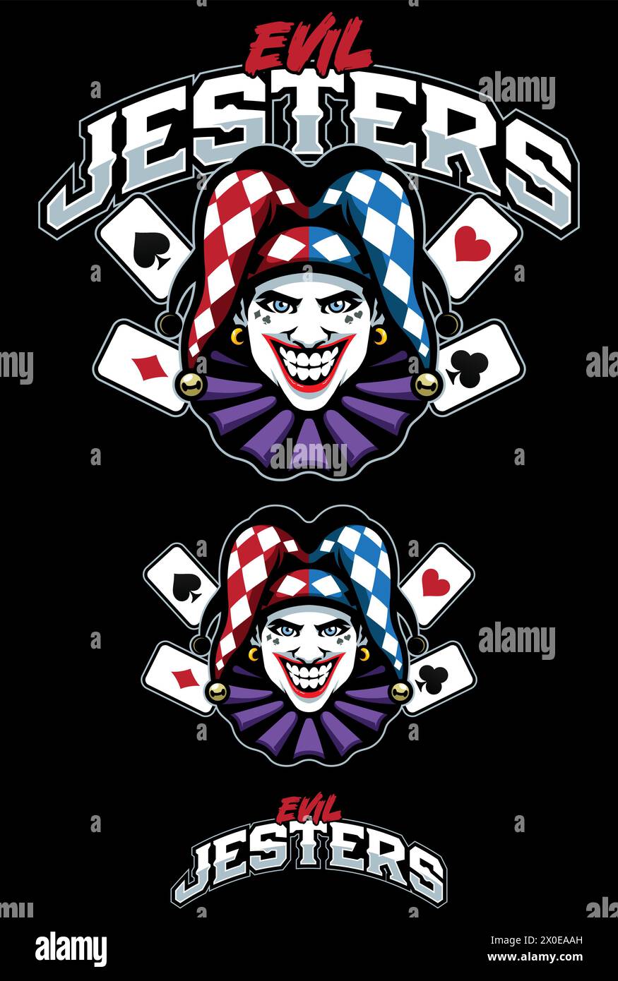 Mascot style illustration of a menacing jester with playing cards Stock ...