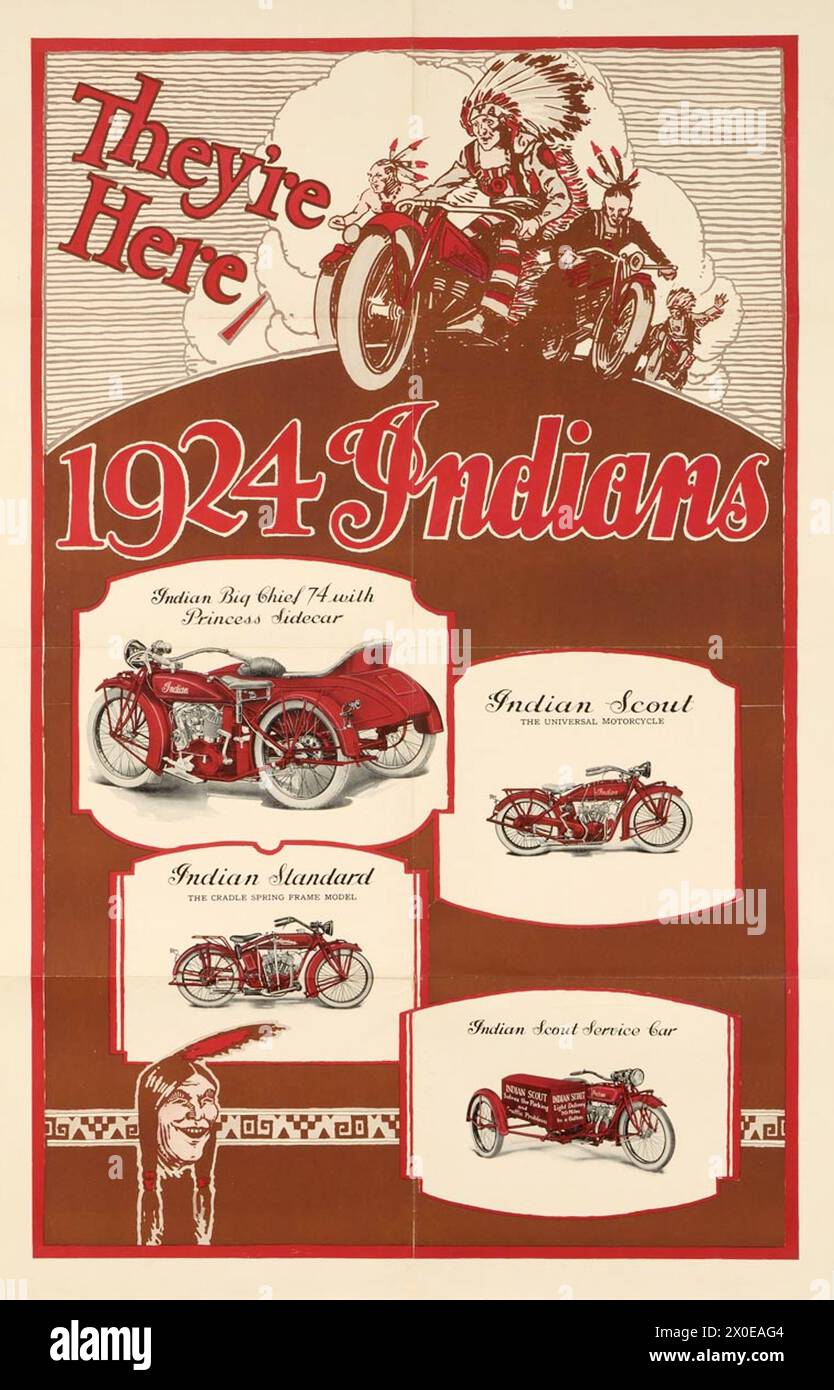Vintage 1924 Indians Motorcycle advertising poster Stock Photo - Alamy