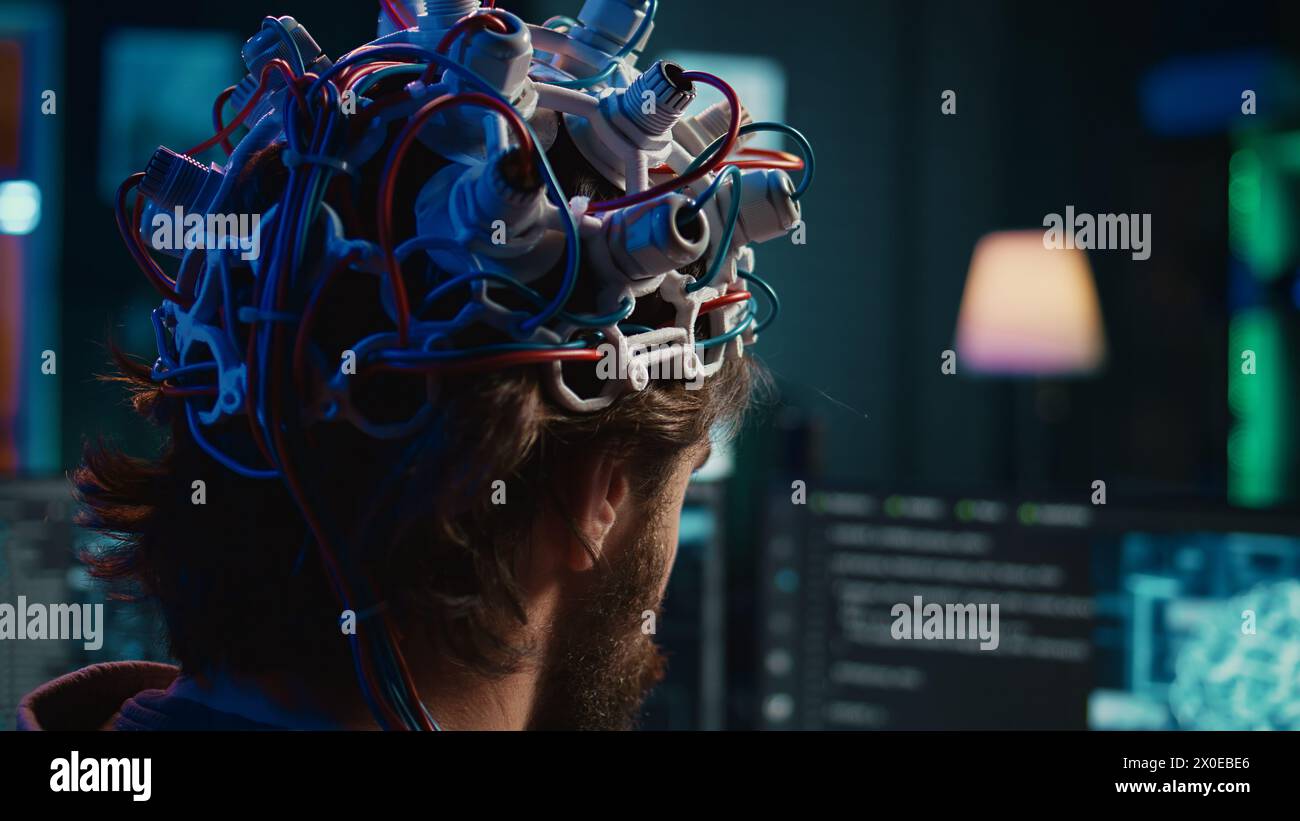 Computer scientist uploading brain into cyberspace, gaining digital persona, close up shot ...