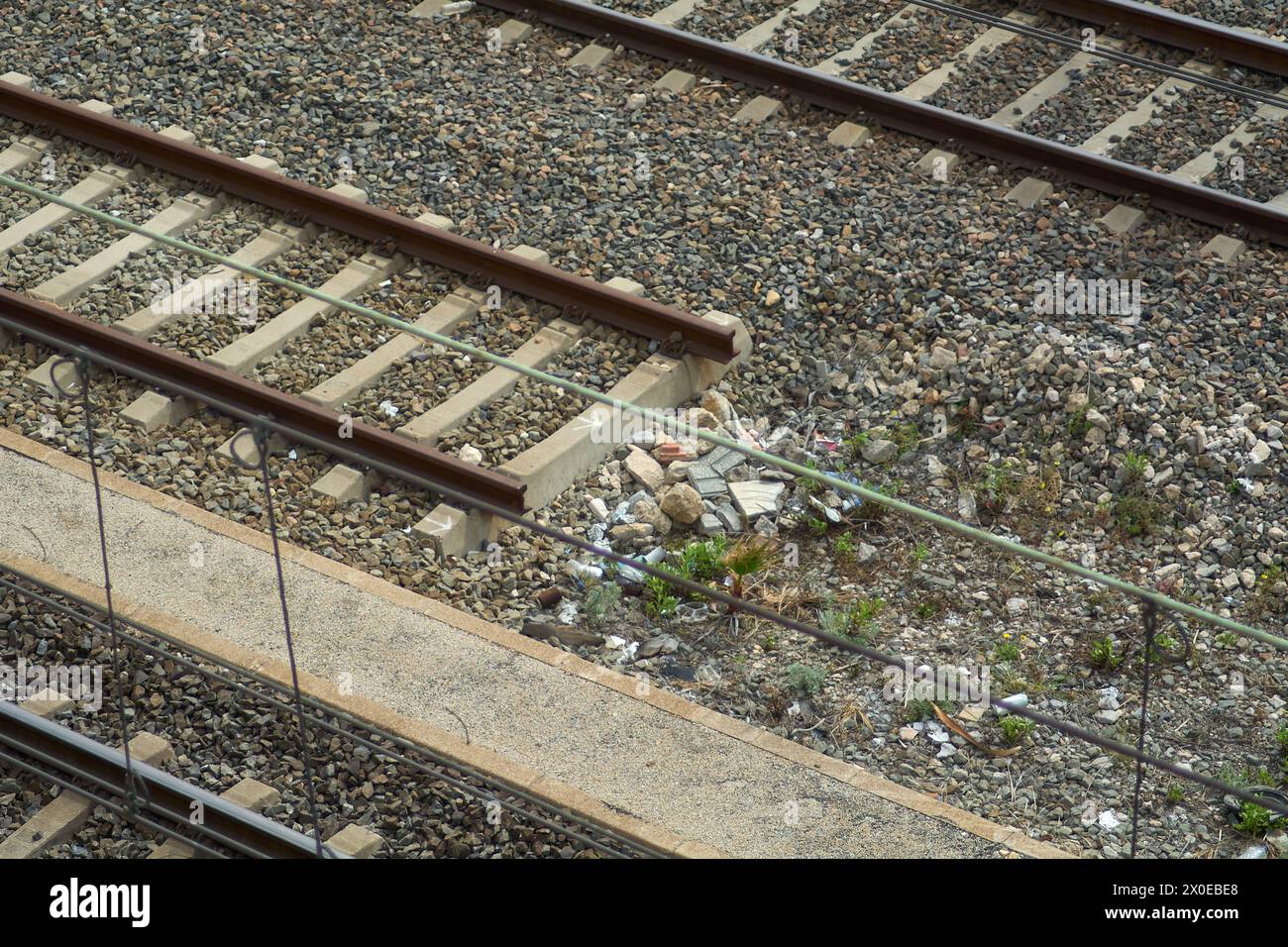 Aerial view of train tracks intertwined with nature green plants emerge ...