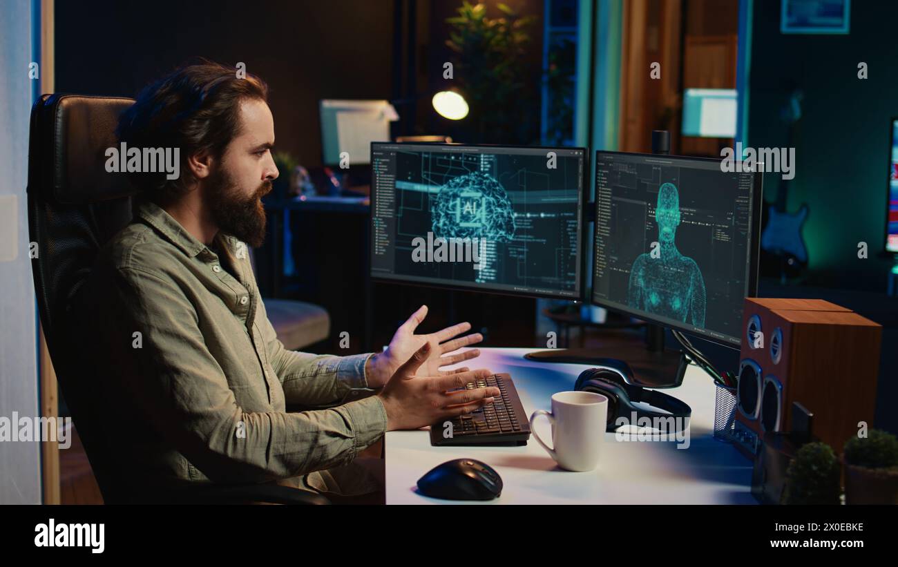 Sentient Ai gains humanoid form inside computer, waving hand, greeting ... Sentient Ai gains humanoid form inside computer, waving hand, greeting ...