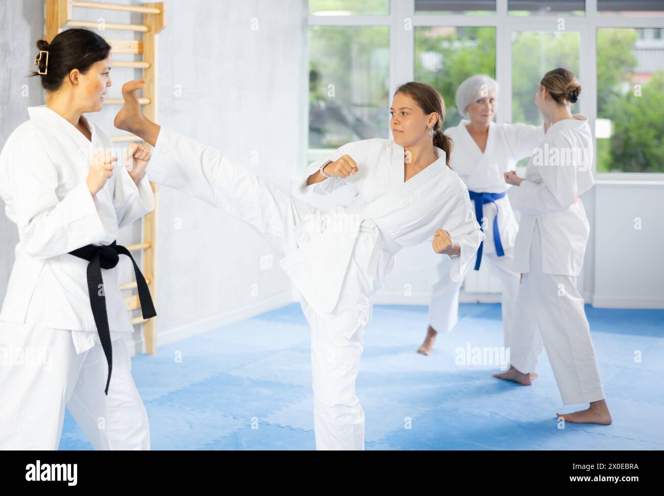 Two young women training karate techniques Stock Photo - Alamy