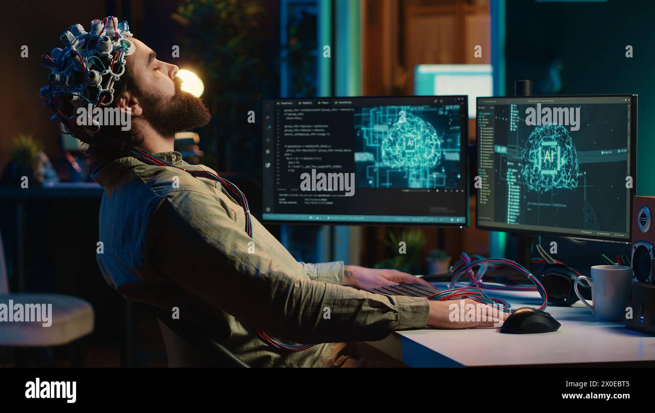 Engineer uploading brain into cyberspace, entering trance, becoming ...