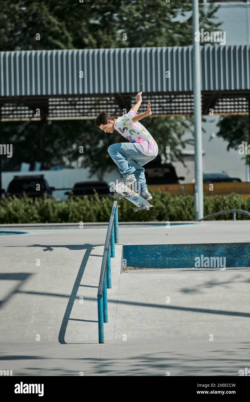 A young skater boy flies through the air on a skateboard at a skate ...