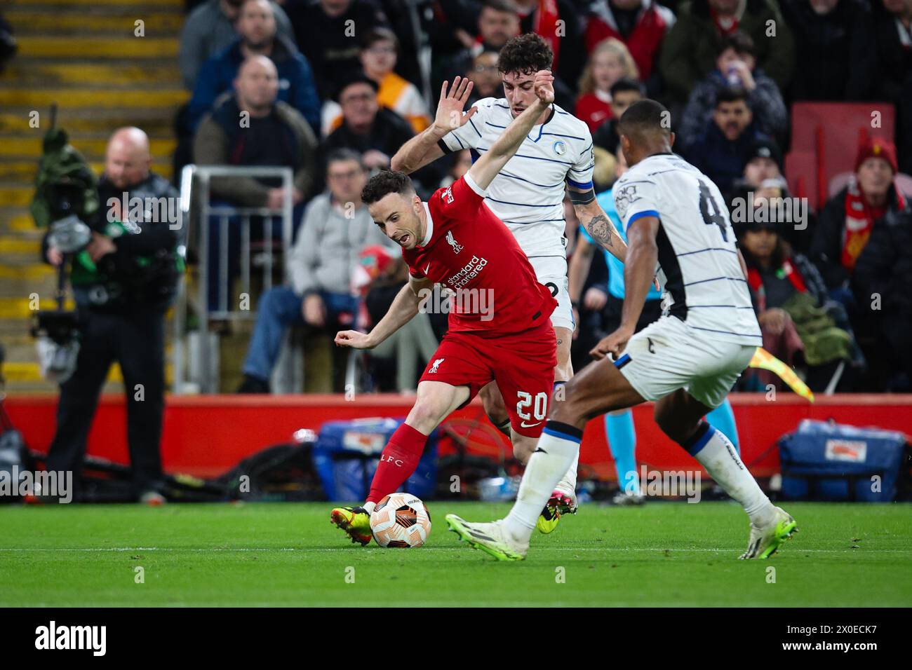 LIVERPOOL, UK - 11th Apr 2024: Diogo Jota of Liverpool is fouled by ...