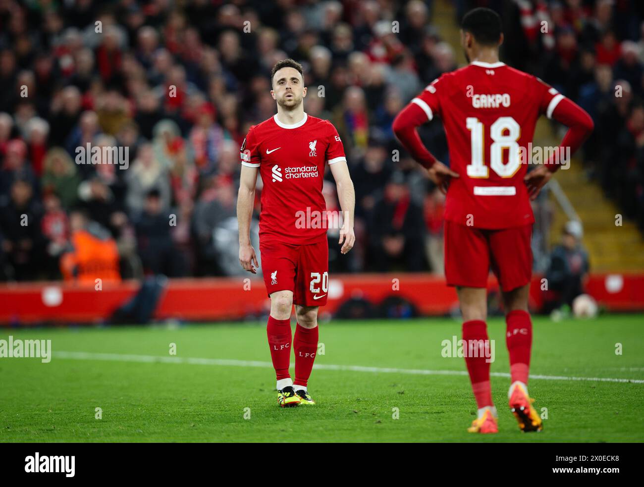 LIVERPOOL, UK - 11th Apr 2024: Diogo Jota of Liverpool reacts during ...