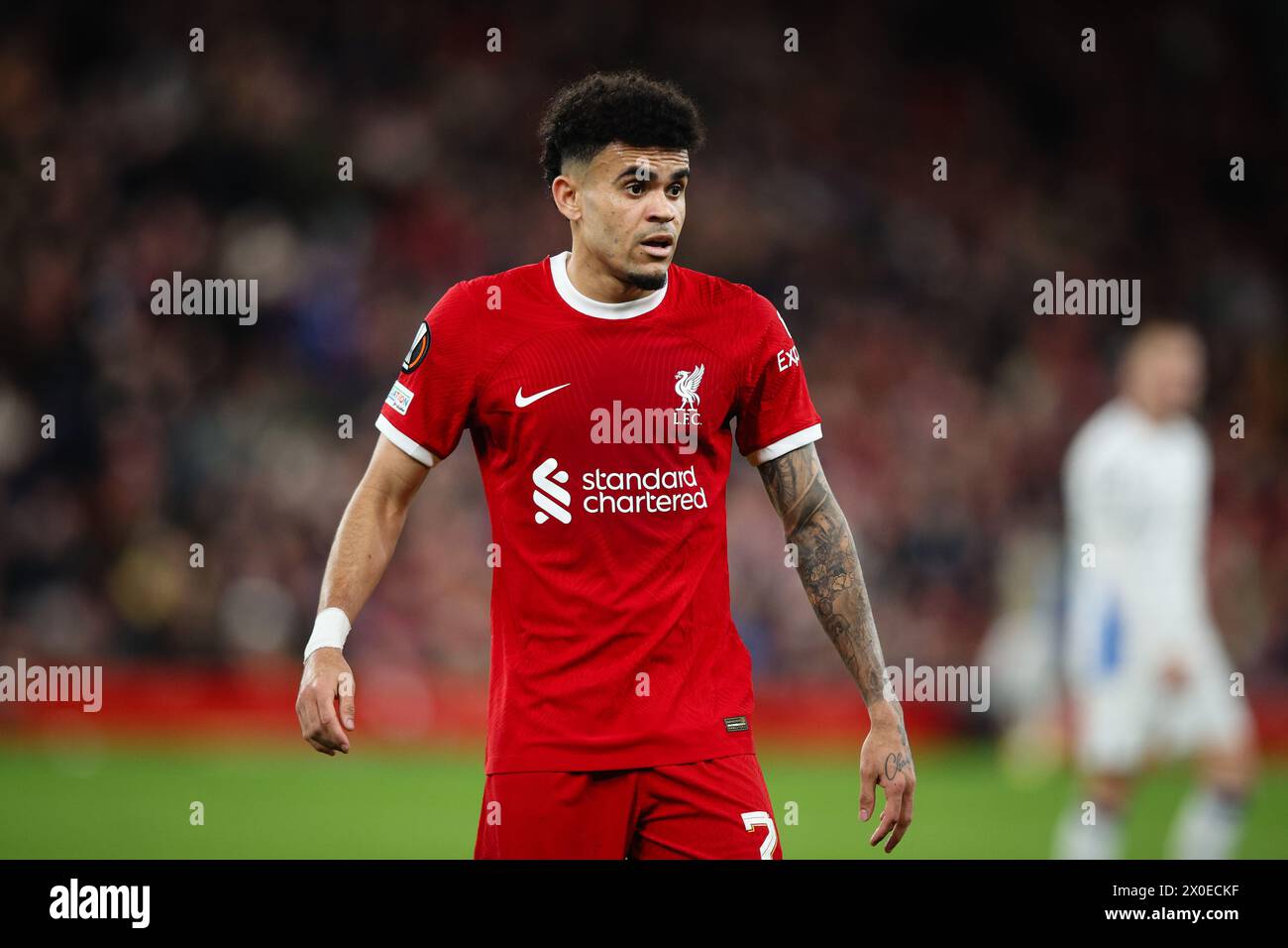 LIVERPOOL, UK - 11th Apr 2024: Lucas Diaz of Liverpool looks on during the UEFA Europa League ...
