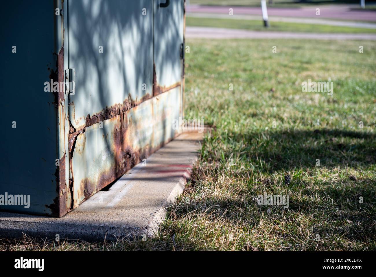 Rusted and peeling paint on an electrical transformer exposed to the ...