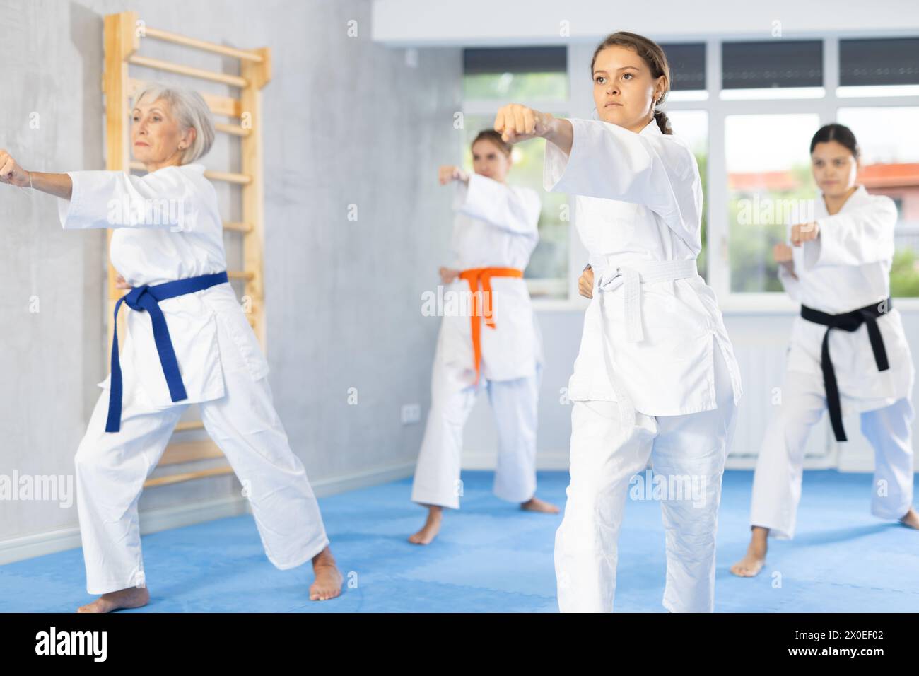 Group of women training karate techniques in studio Stock Photo - Alamy