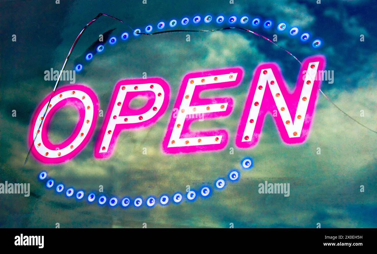 cracked window glass and neon "Open" sign - Stanley, (formerly known as ...