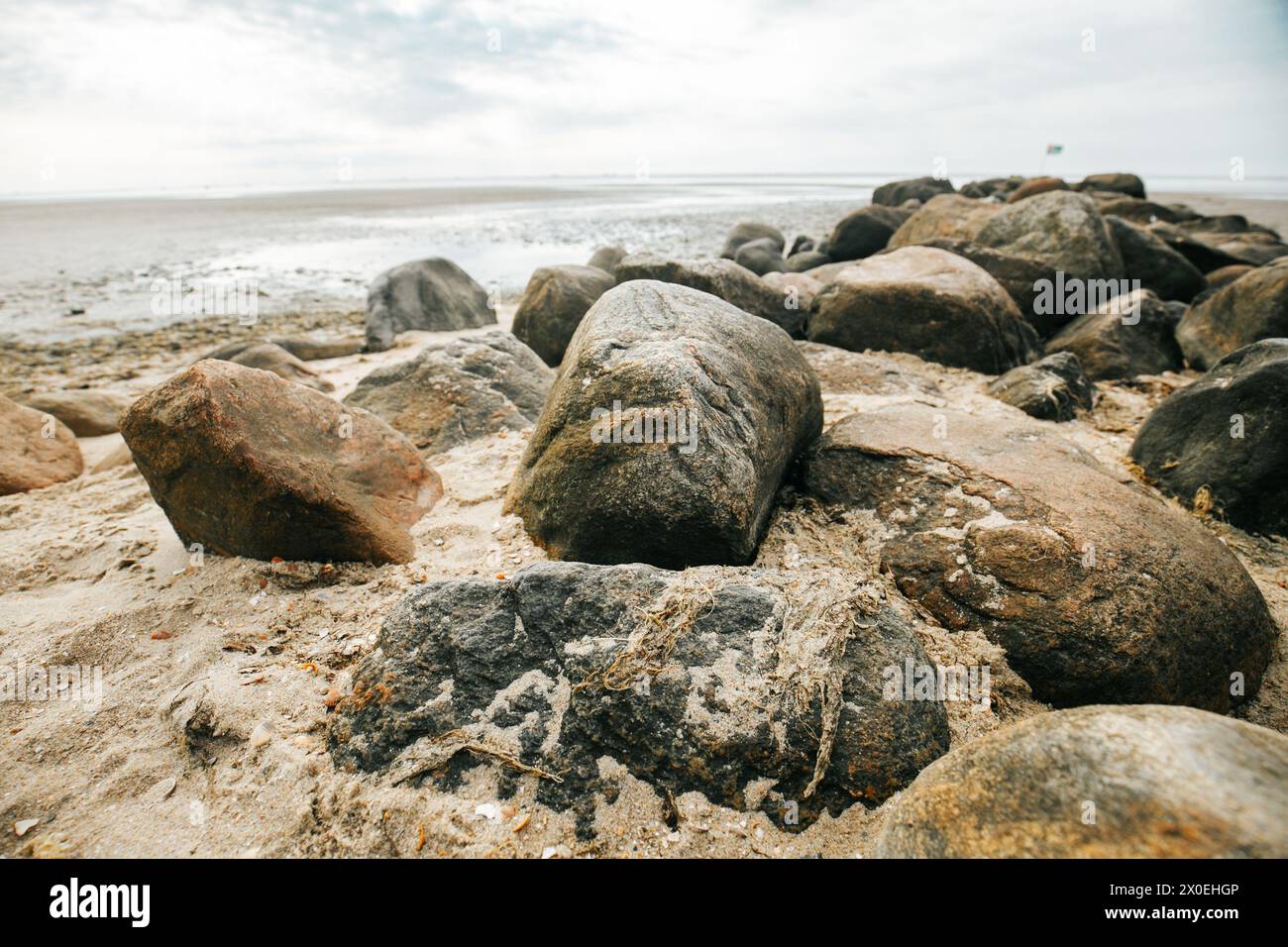 Stone boulders on the beach at low tide.Wadden Sea Coast.Stone groyne ...