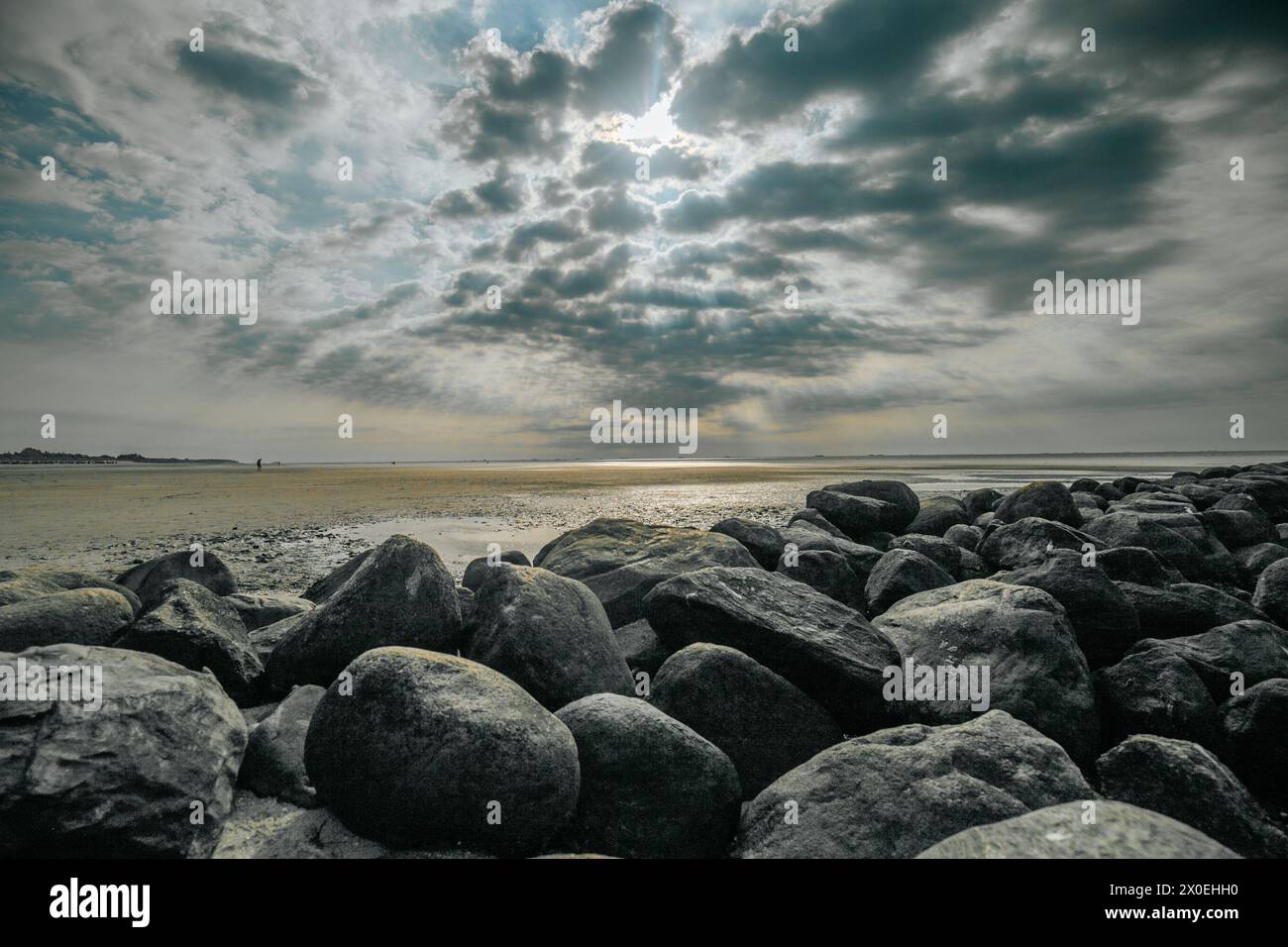 Stone boulders on the beach at low tide.Wadden Sea Coast.Stone groyne ...