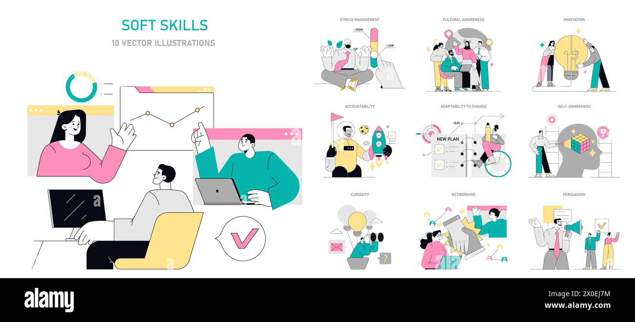 Soft Skills set. Illustrations demonstrating interpersonal abilities like stress management and ...