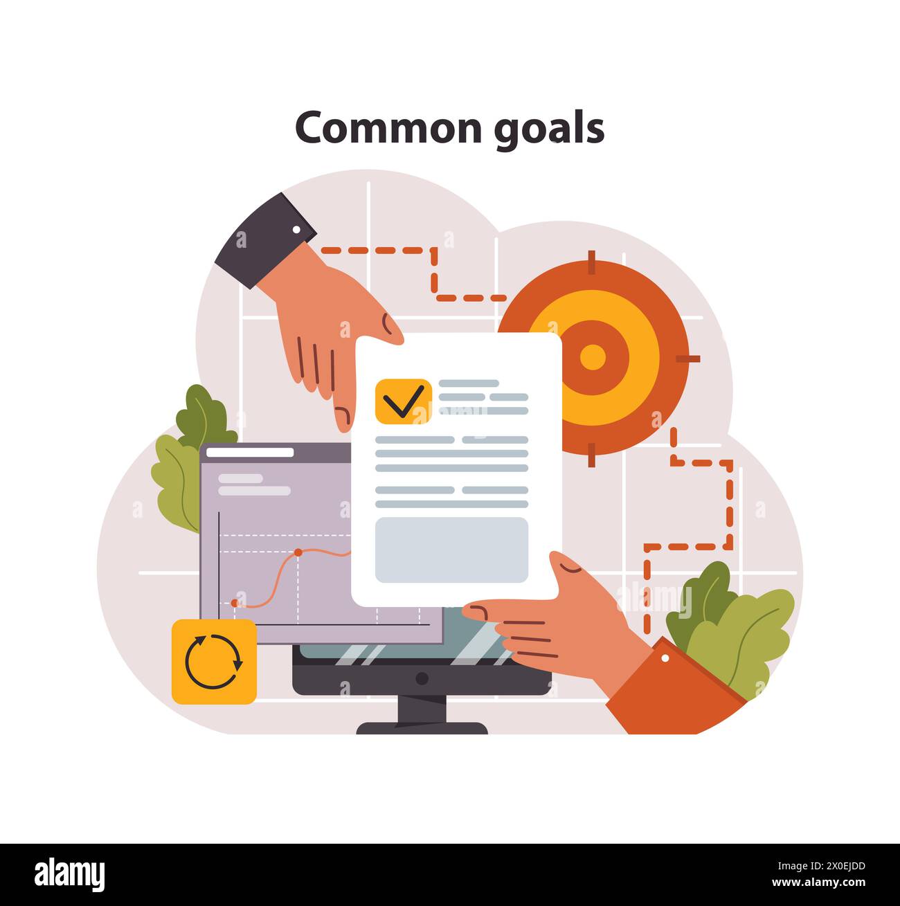 Common goals concept. Two hands coordinating over computer, marking a ...