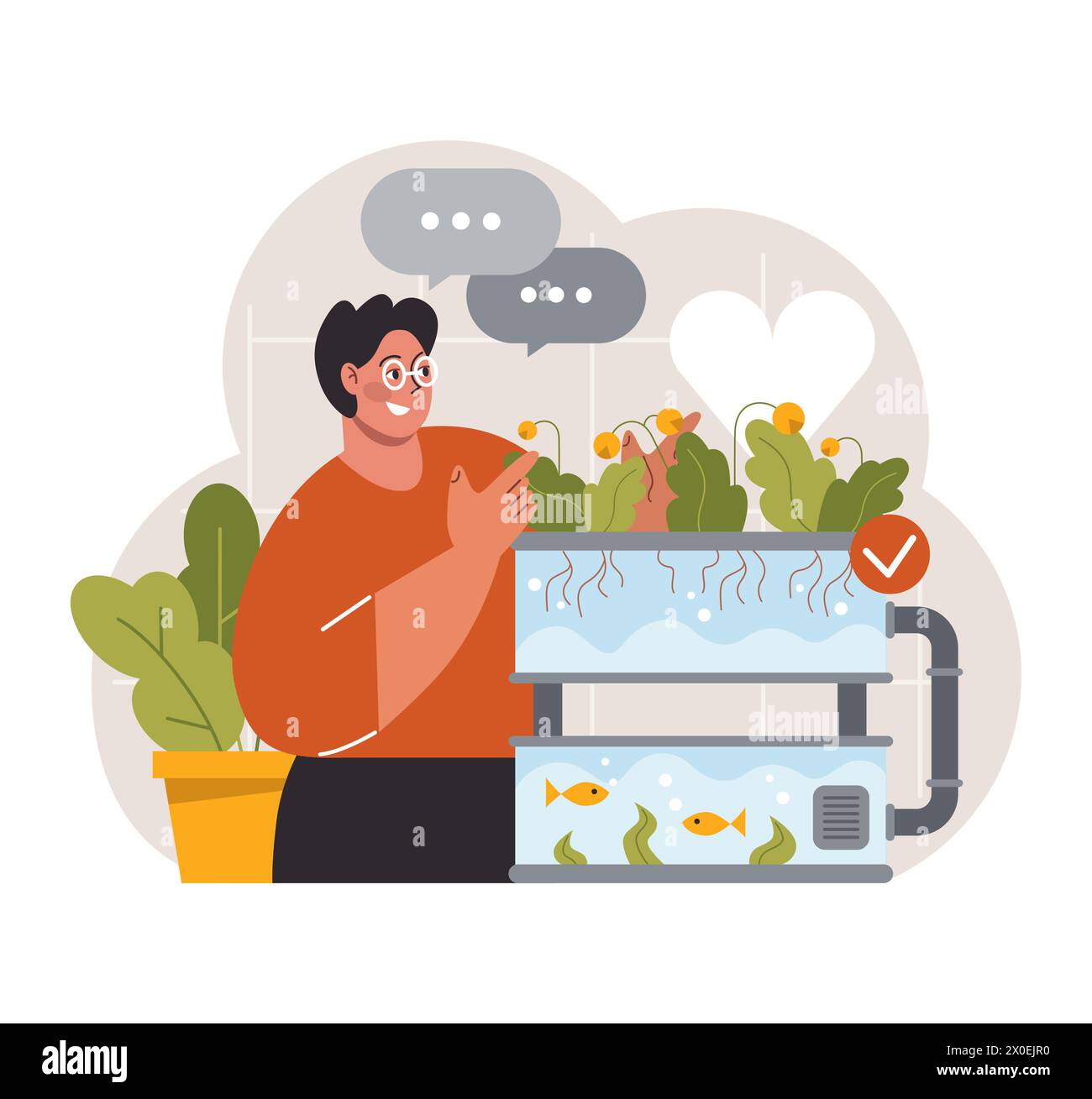 Man proudly presents an aquaponics system at home. Balancing fish tank ...