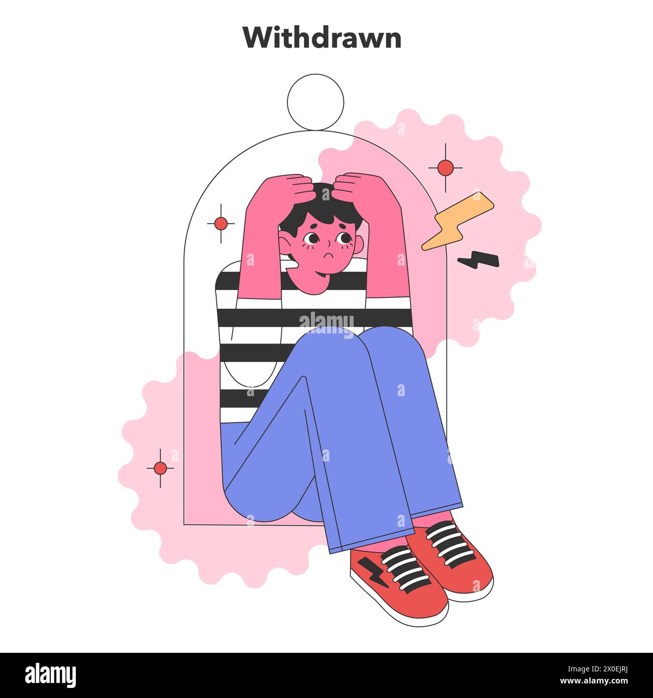 Withdrawn concept. Huddled figure within a bubble signifies isolation ...