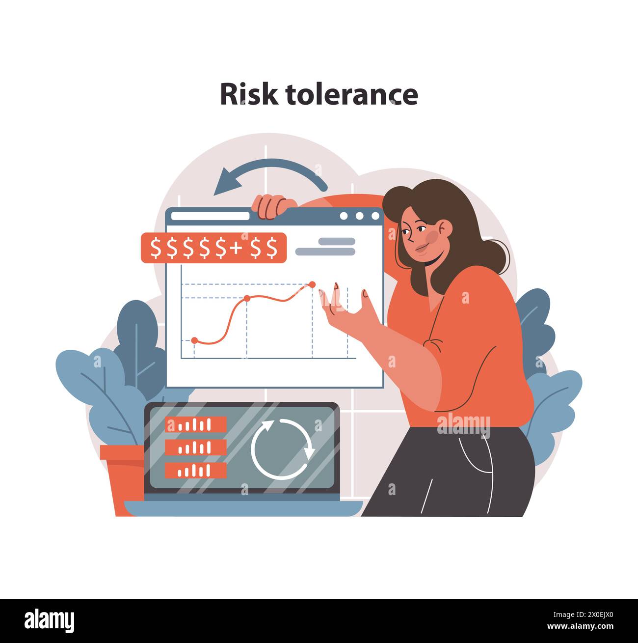 Risk tolerance concept. Woman analyzes financial graphs, gauging ...
