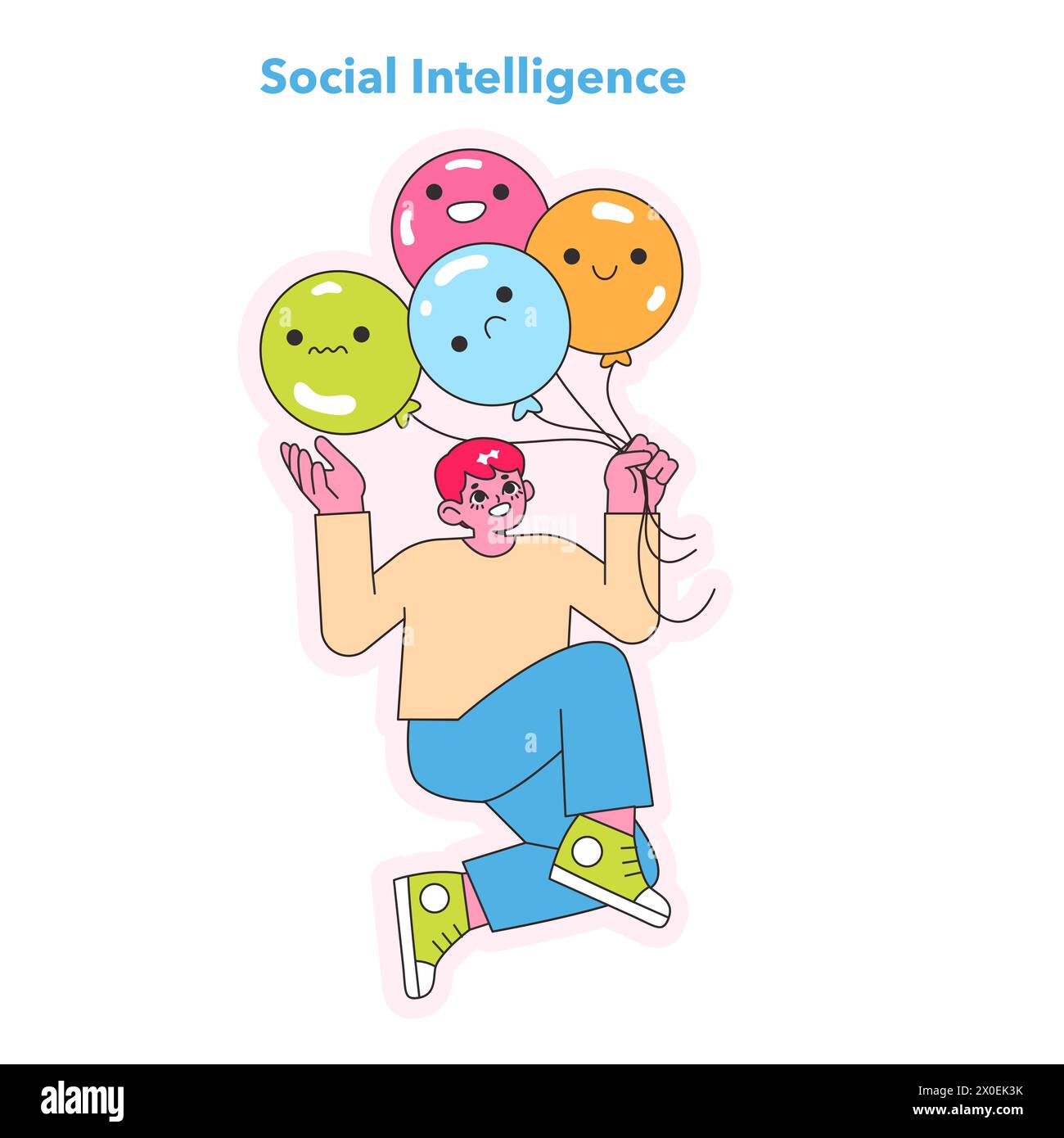 Social Intelligence concept. Joyful individual with emotive balloons ...