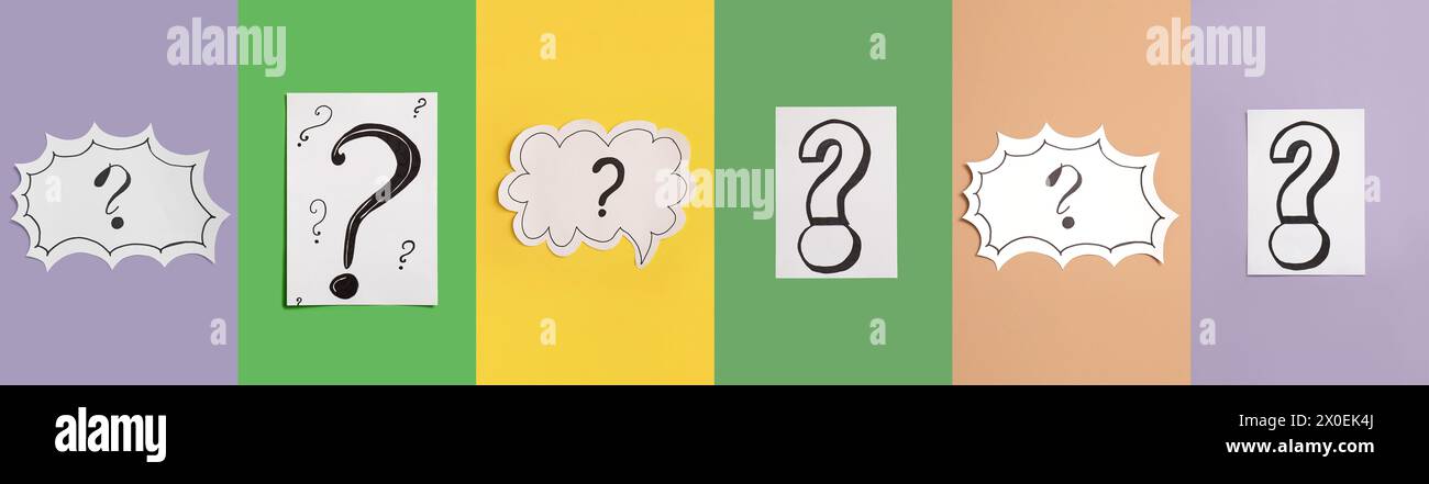 Set of papers with question marks on color background Stock Photo - Alamy