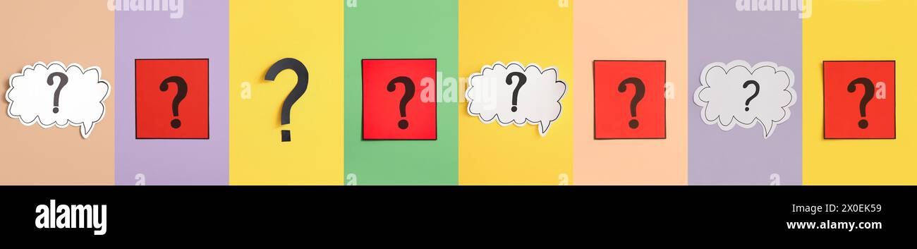Set of papers with question marks on color background Stock Photo - Alamy